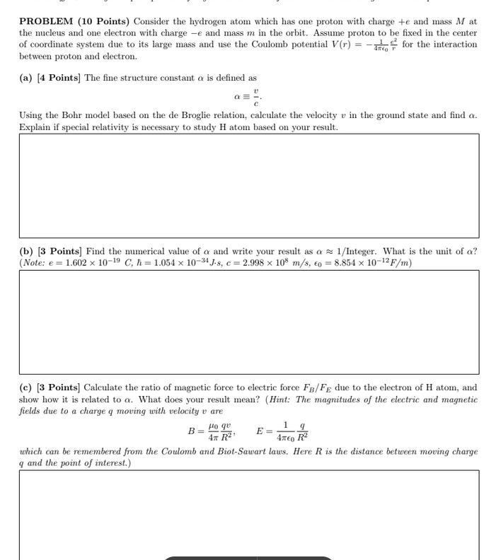 Solved PROBLEM (10 ﻿Points) ﻿Consider the hydrogen atom | Chegg.com