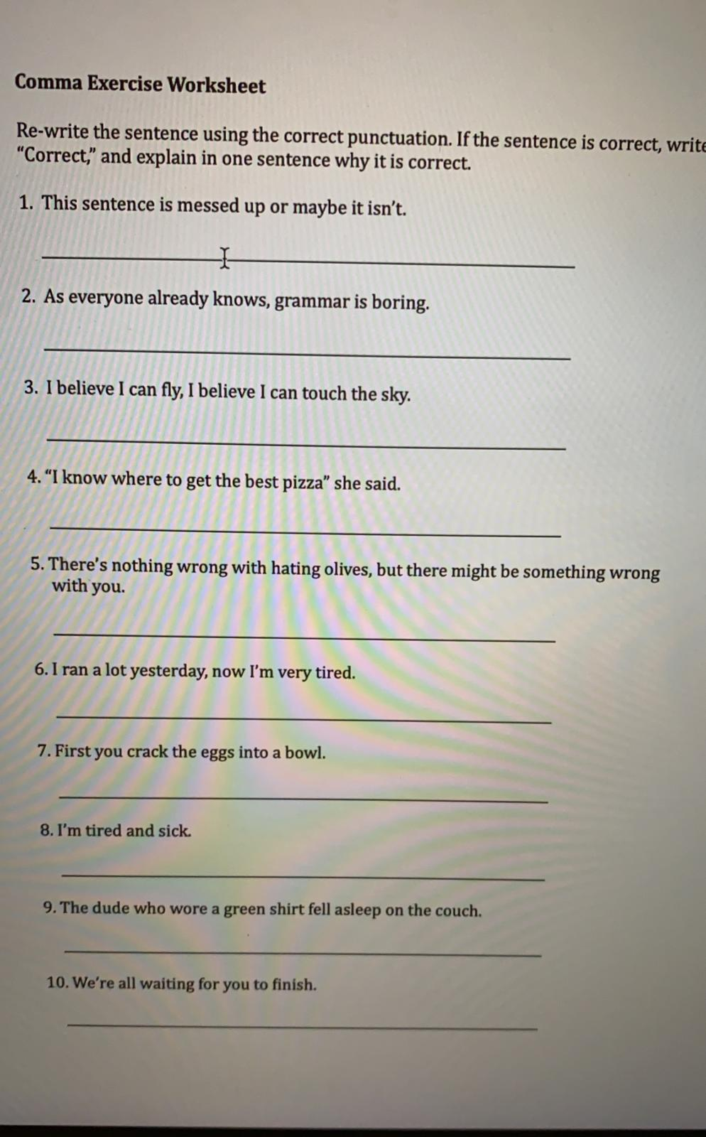 Comma Exercise Worksheet Re-write the sentence using | Chegg.com