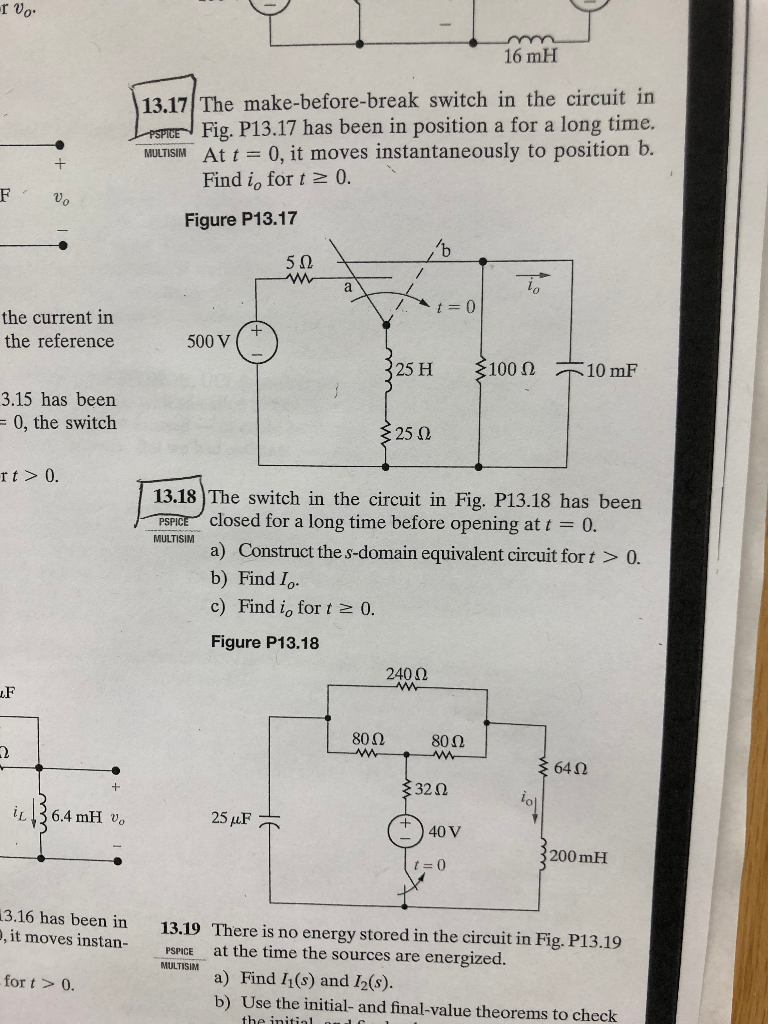 Solved r vo 16 mH 13.17 The make-before-break switch in the | Chegg.com