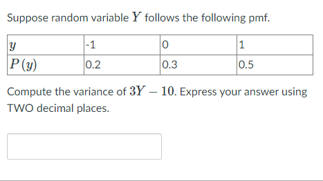 Solved Suppose random variable y follows the following pmf. | Chegg.com