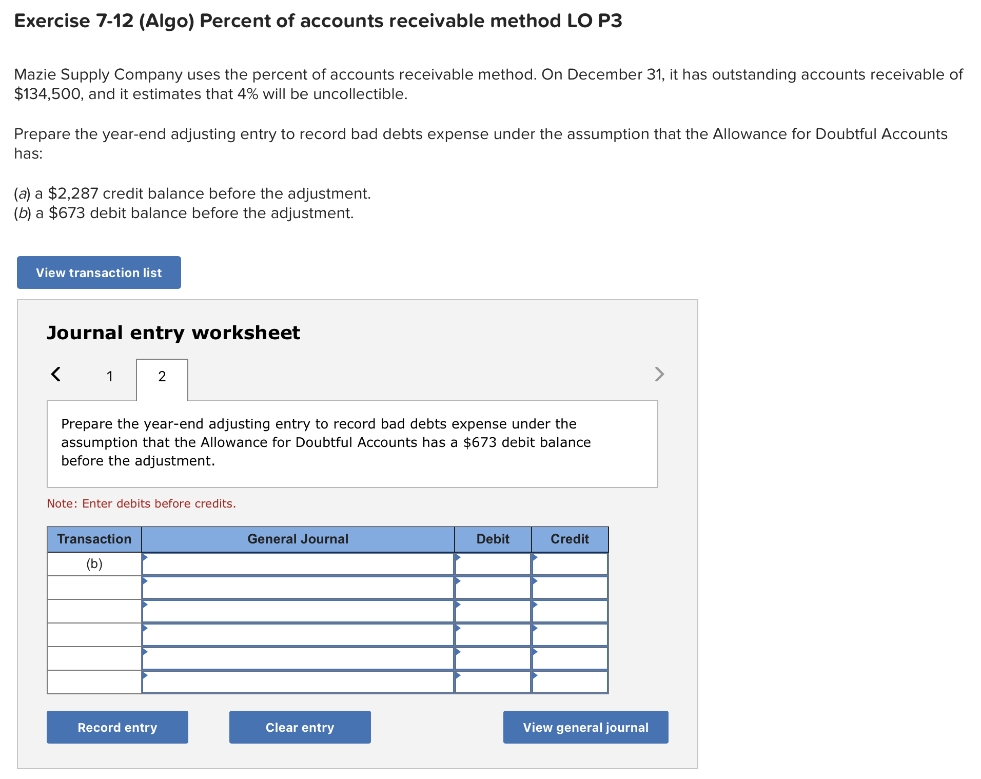 Solved Exercise 7-12 (Algo) Percent of accounts receivable | Chegg.com