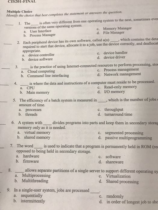Solved CIS201-FINAL Multiple Choice Identify the choice that | Chegg.com