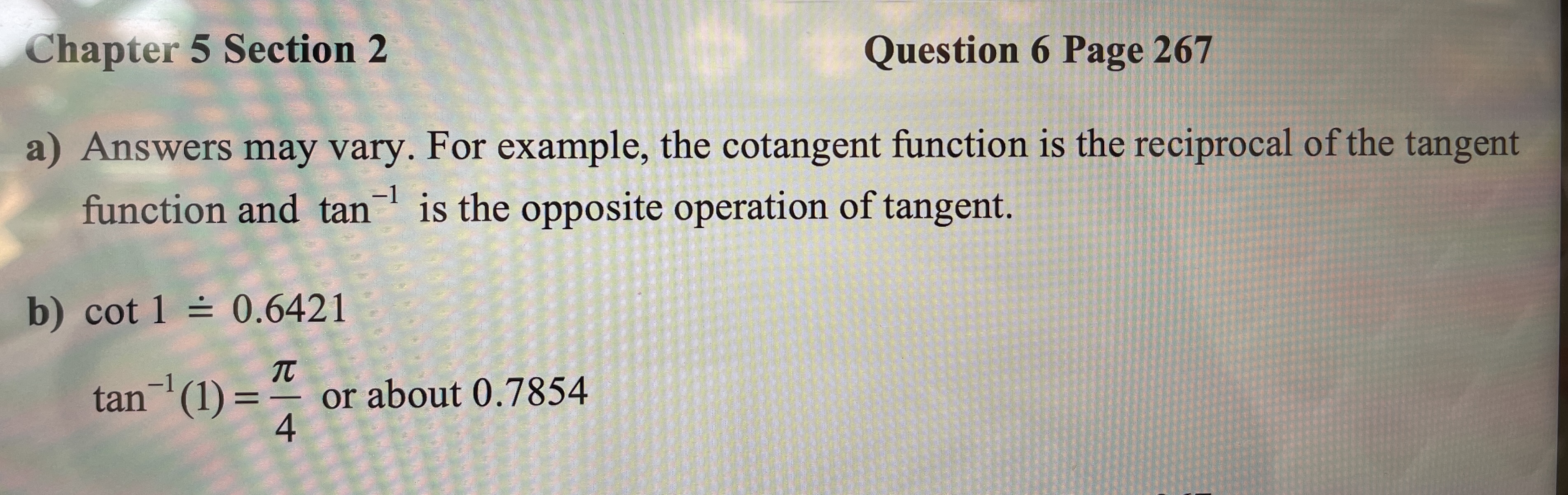 Solved a) Answers may vary. For example, the cotangent | Chegg.com