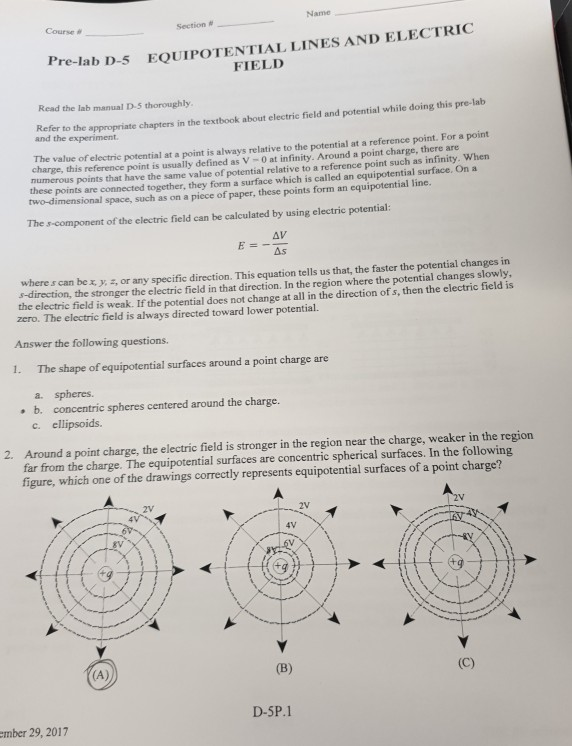Solved Course Section Name Pre-lab D-5 EQUIPOTENTIAL LINES | Chegg.com