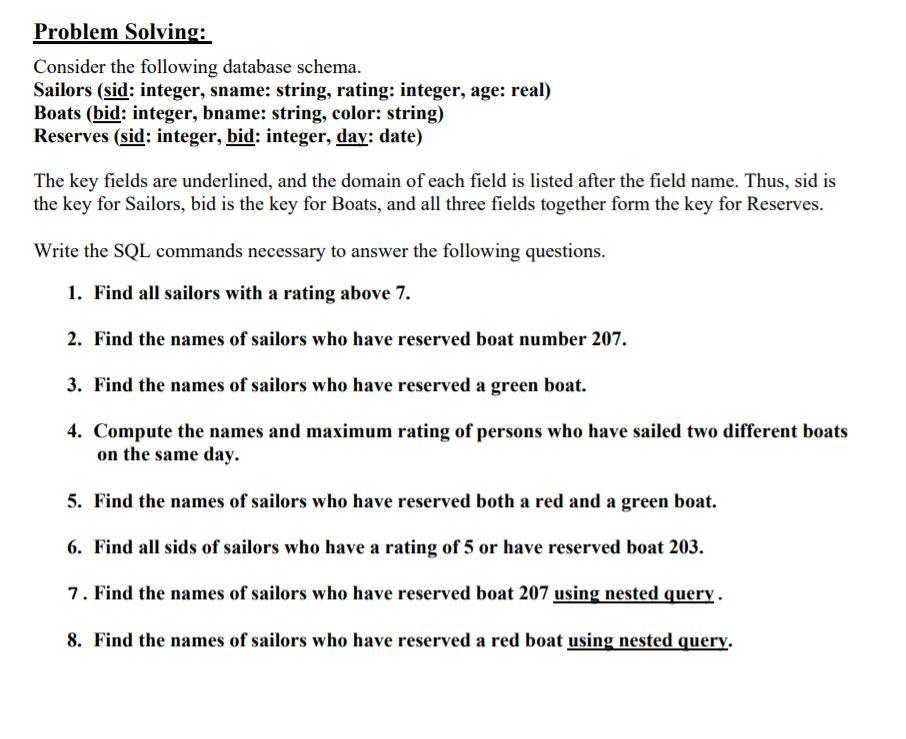 Solved Problem Solving: Consider the following database | Chegg.com