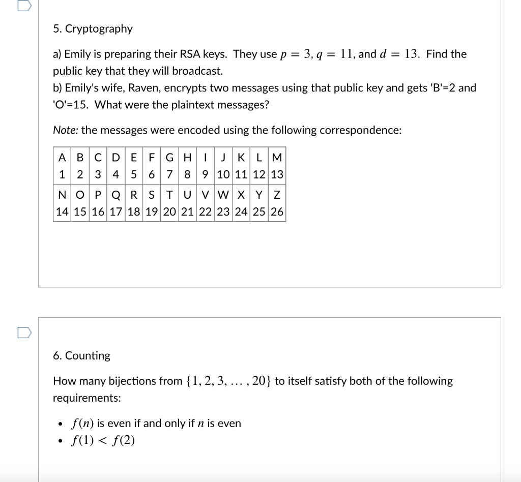 Solved D 5. Cryptography a) Emily is preparing their RSA | Chegg.com