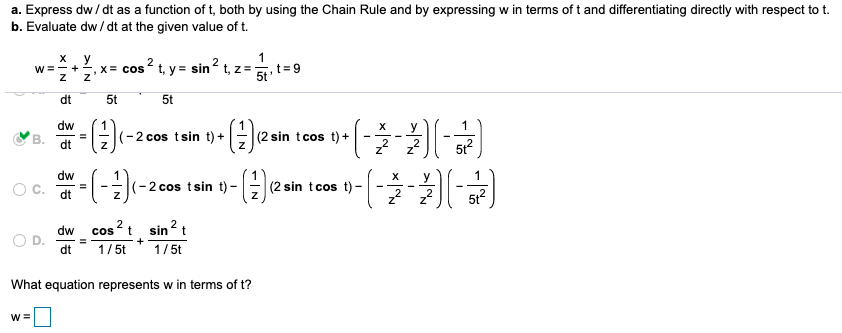 Solved dw For the functions w = -2x - 4y?,x= cost, and y= | Chegg.com