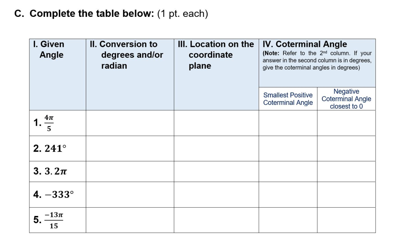 Solved C. Complete the table below: (1 pt. each) I. Given | Chegg.com