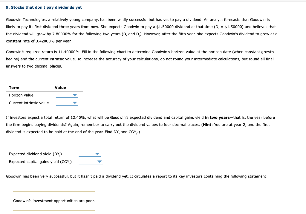 Solved 9. Stocks that don't pay dividends yet Goodwin | Chegg.com
