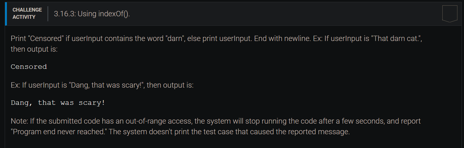 Solved CHALLENGEACTIVITY3.16.3: Using indexOf().Print | Chegg.com