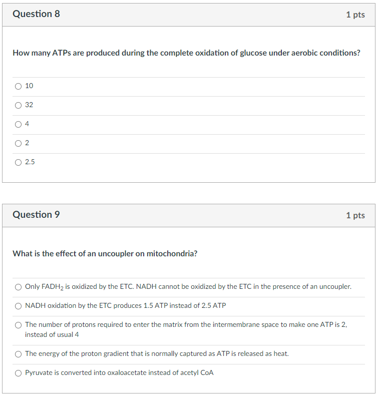 Solved Question 8 1 pts How many ATPs are produced during | Chegg.com