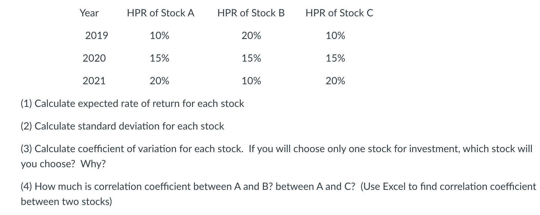 Solved Year HPR of Stock A HPR of Stock B HPR of Stock C | Chegg.com