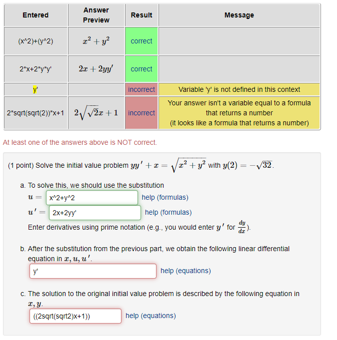 Solved Entered Answer Preview Result Message (x^2)+(y^2) 22 | Chegg.com