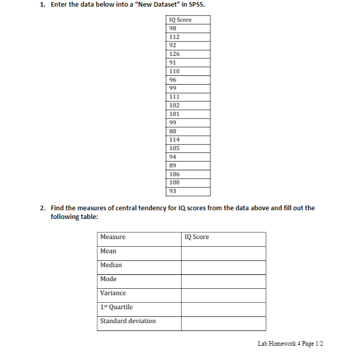 Solved 1. Enter the data below into a "New Dataset" in SPSS. | Chegg.com