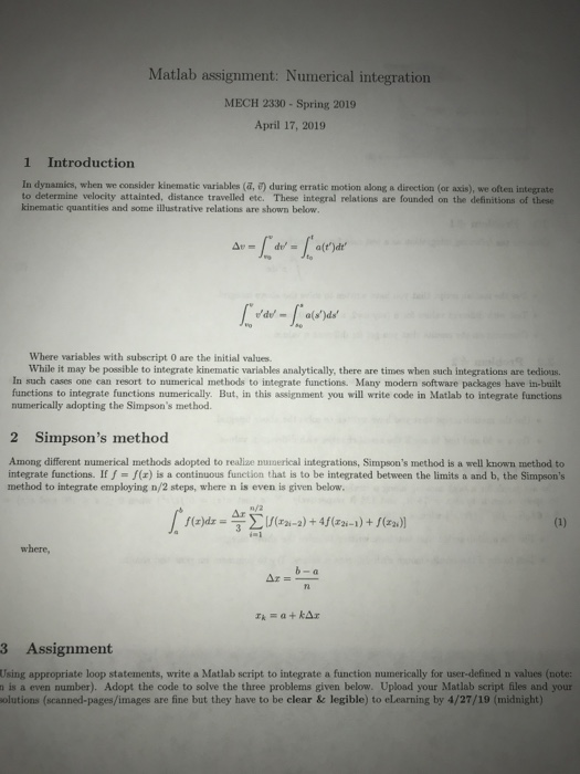 Solved Matlab assignment: Numerical integration MECH 2330 - | Chegg.com