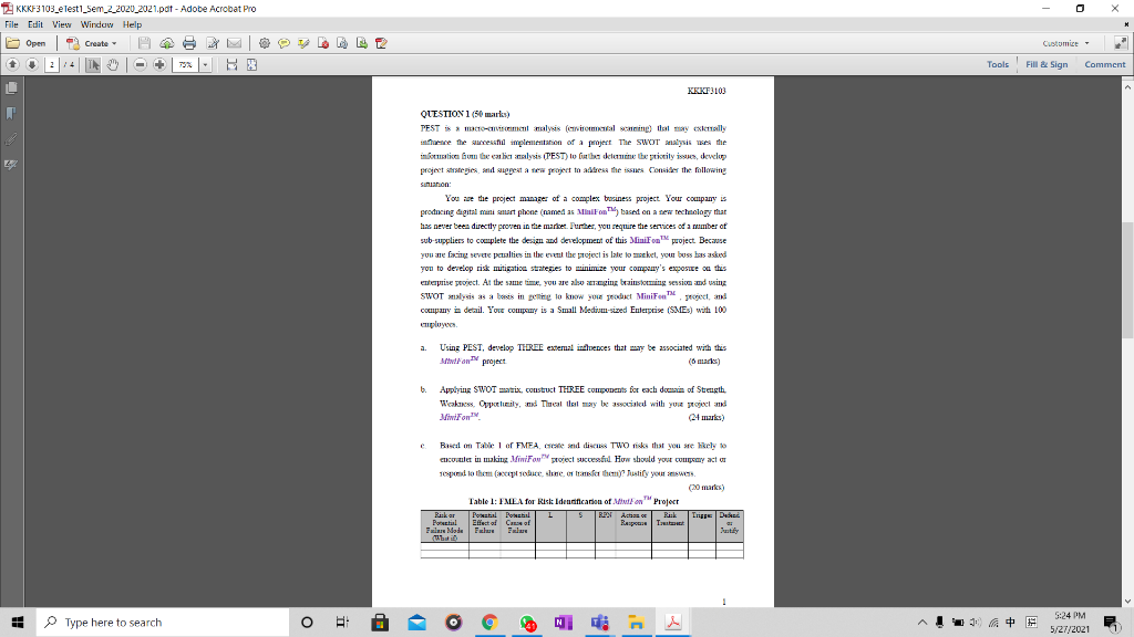 Solved X KKKF3103_e Test1_Sem_2_2020_2021.pdt - Adobe | Chegg.com