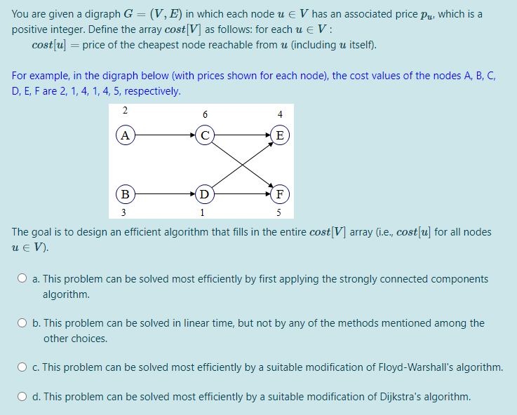 Solved You are given a digraph G = (V, E) in which each node | Chegg.com