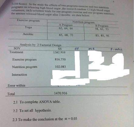 Solved 2(10 Score) In the study the effects of two programs | Chegg.com