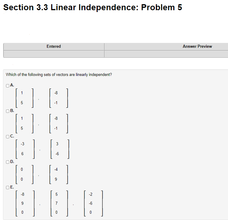 Solved Section 3.3 Linear Independence: Problem 5 Which of | Chegg.com