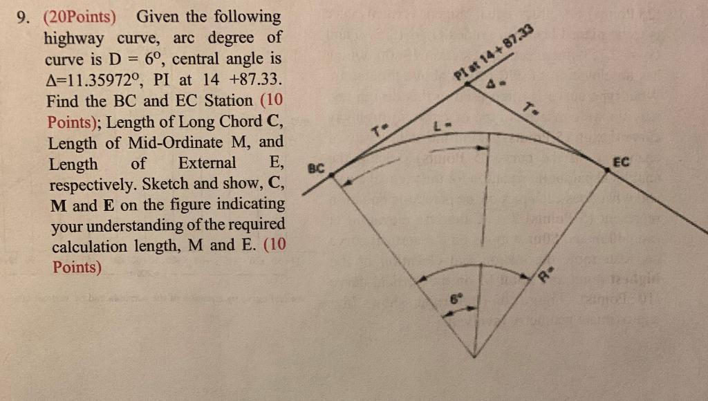 Solved (20Points) Given the following highway curve, arc | Chegg.com