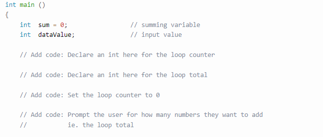 Solved int main () int sum = θ; int dataValue; // summing | Chegg.com