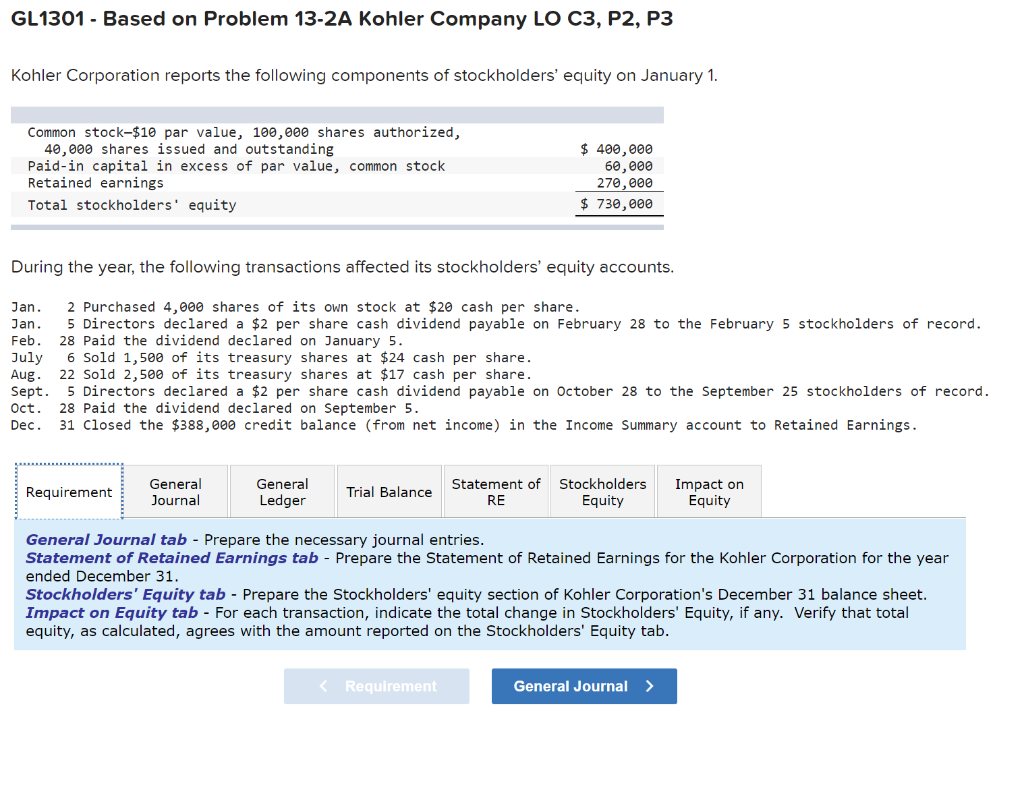 Solved GL 1301- Based on Problem 13 - 2A Kohler Company LO | Chegg.com
