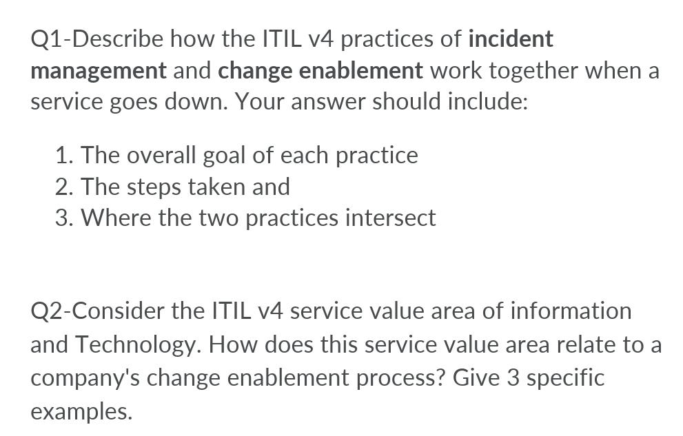 Solved Q1-Describe how the ITIL v4 practices of incident | Chegg.com
