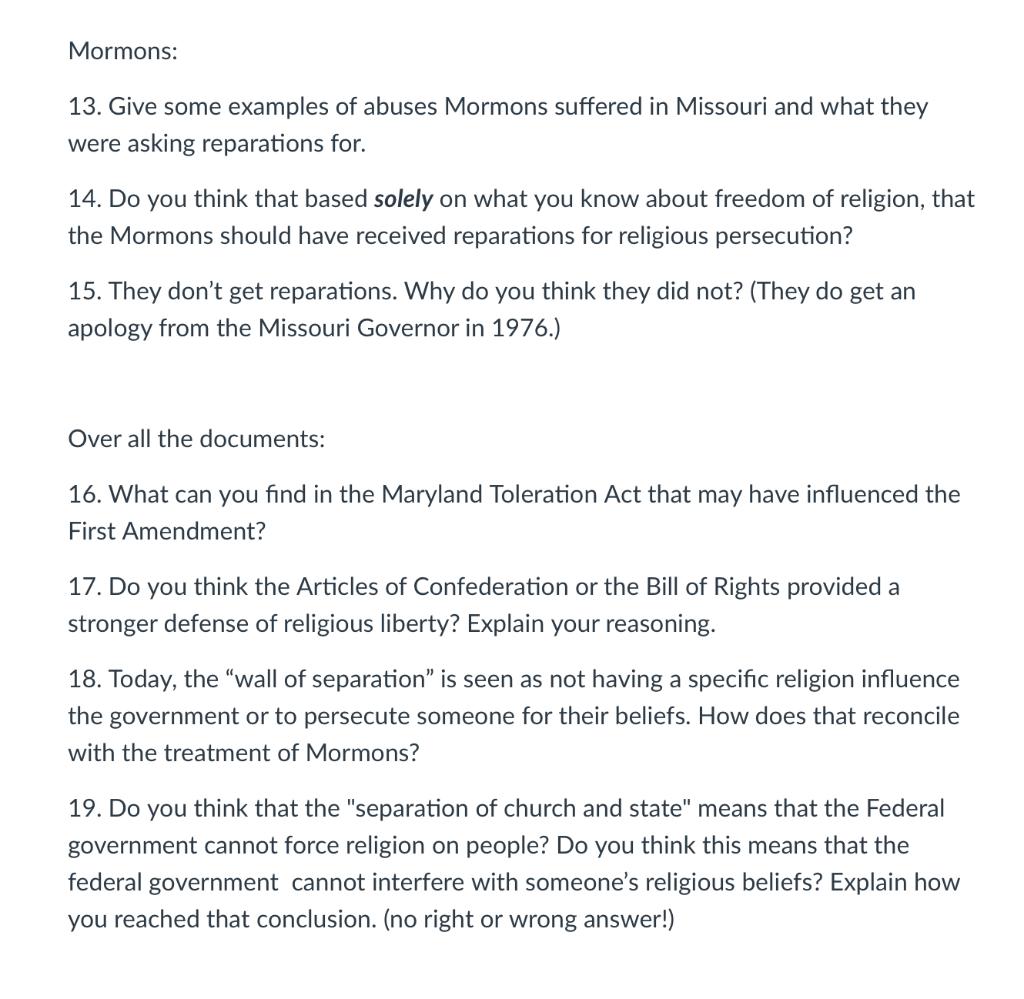 Mormons: 13. Give some examples of abuses Mormons | Chegg.com