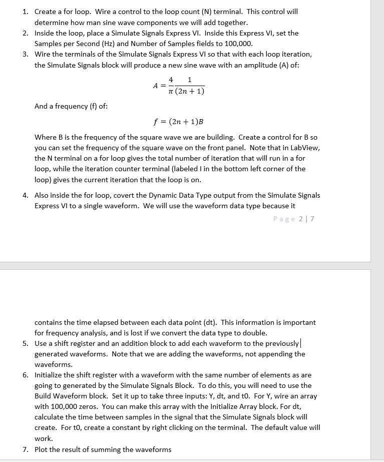 A= 1. Create a for loop. Wire a control to the loop | Chegg.com