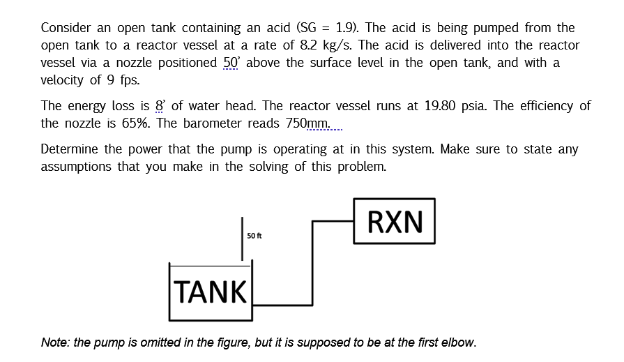 Solved Consider an open tank containing an acid (SG = 1.9). | Chegg.com