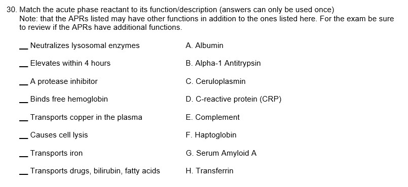 Solved 30.Match the acute phase reactant to its | Chegg.com