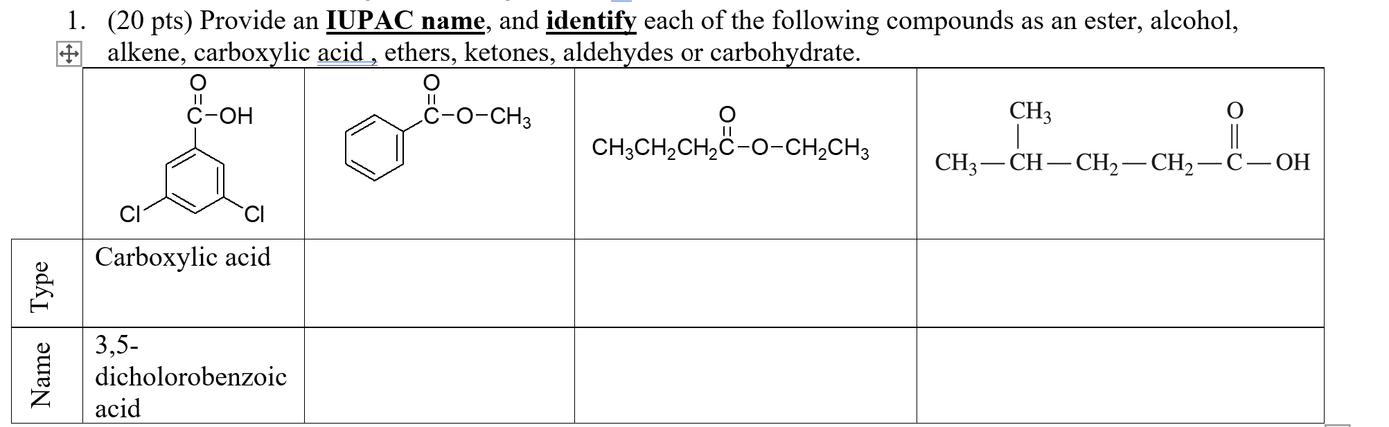 Solved 1. (20 pts) Provide an IUPAC name, and identify each | Chegg.com