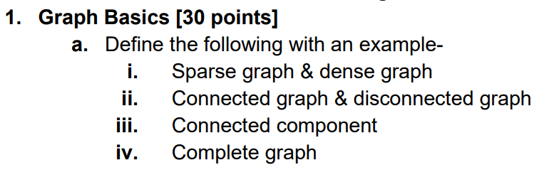Solved 1. Graph Basics [30 points] a. Define the following | Chegg.com
