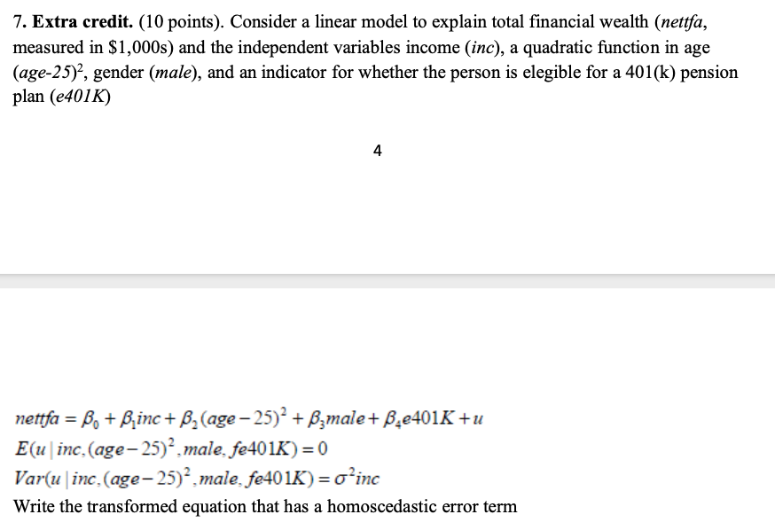Solved 7. Extra credit. (10 points). Consider a linear model | Chegg.com