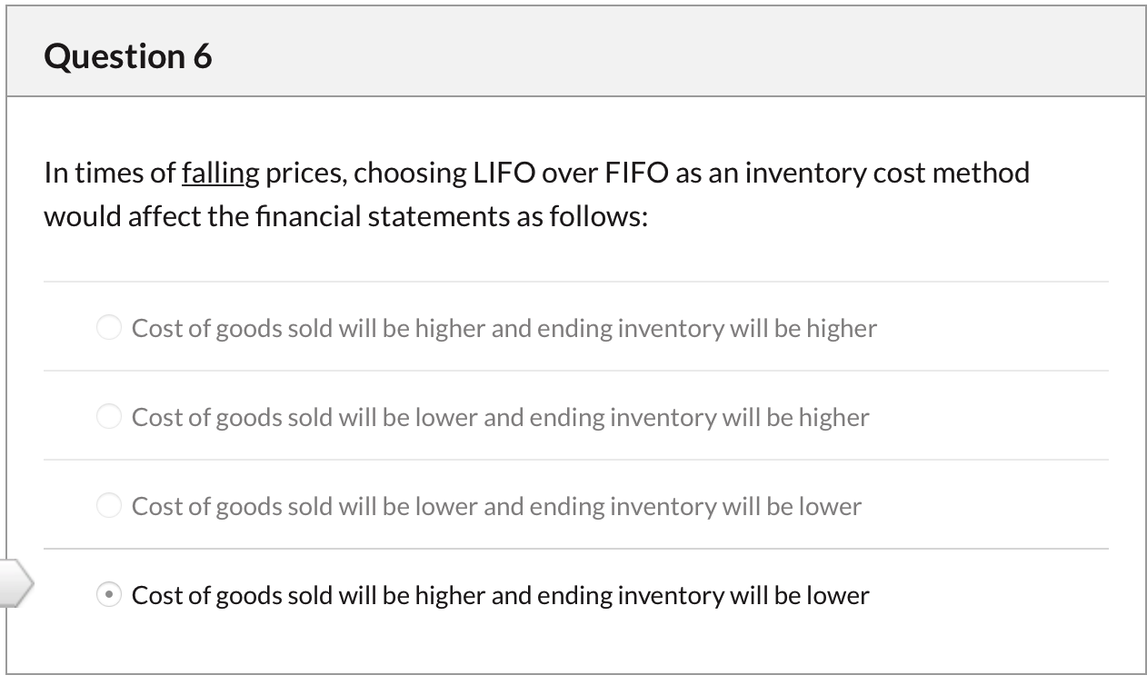 Solved Question 6 In times of falling prices, choosing LIFO | Chegg.com
