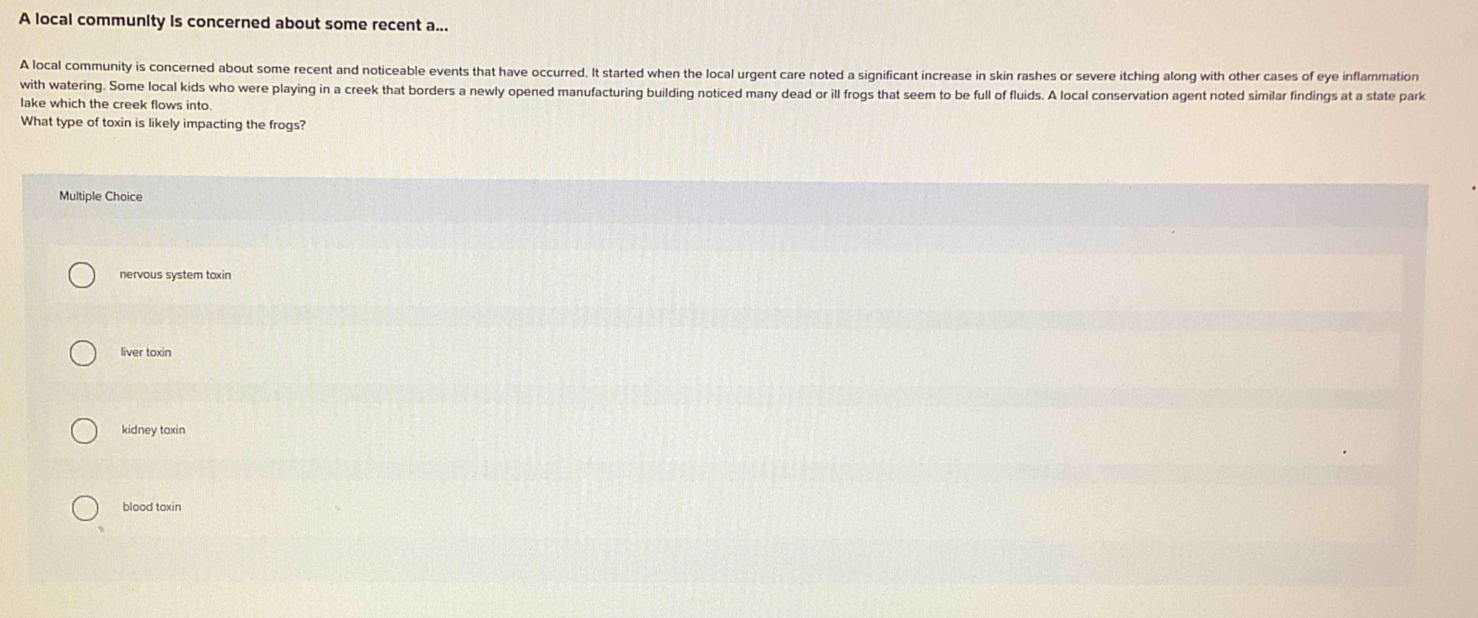 Solved A local community is concerned about some recent a... | Chegg.com