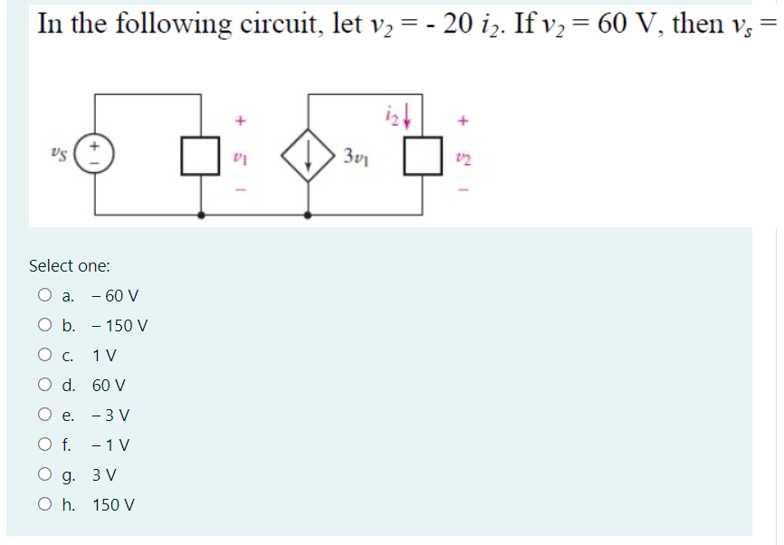 Solved In the following circuit, let v2 = - 20 i2. If v2 = | Chegg.com