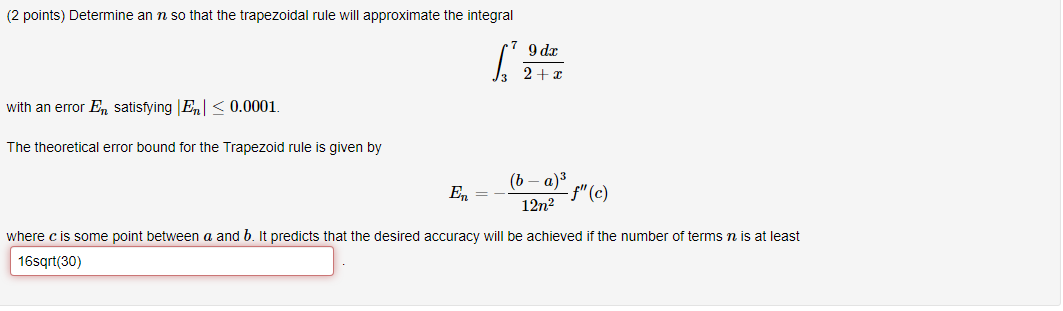 Solved (2 points) Determine an n so that the trapezoidal | Chegg.com