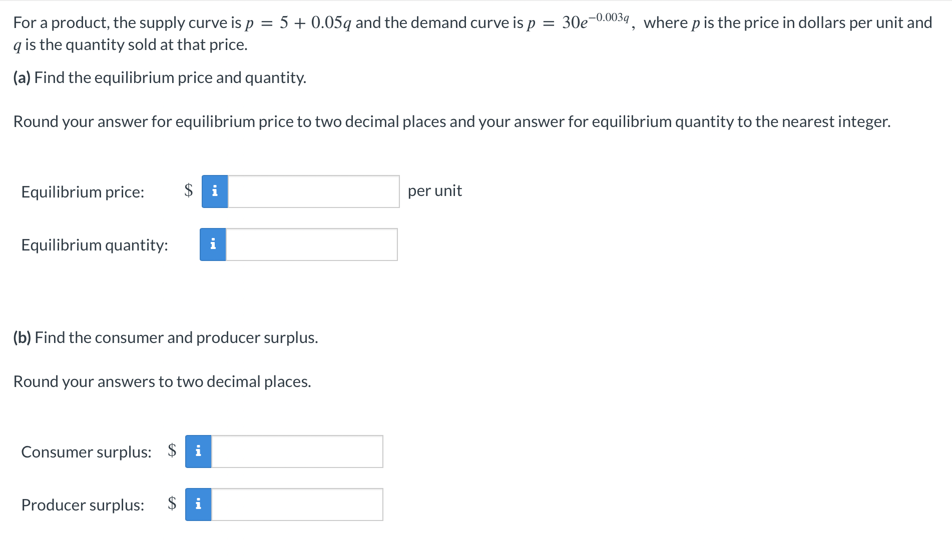Solved For a product, the supply curve is p=5+0.05q ﻿and the | Chegg.com