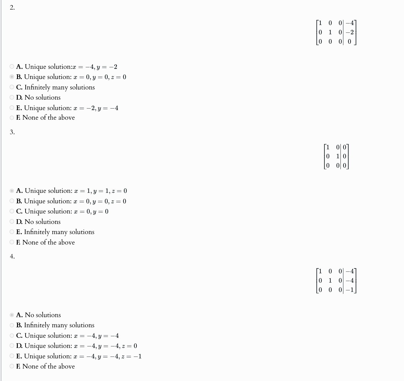 Solved A. ﻿Unique solution: x=-4,y=-2B. ﻿Unique solution: | Chegg.com