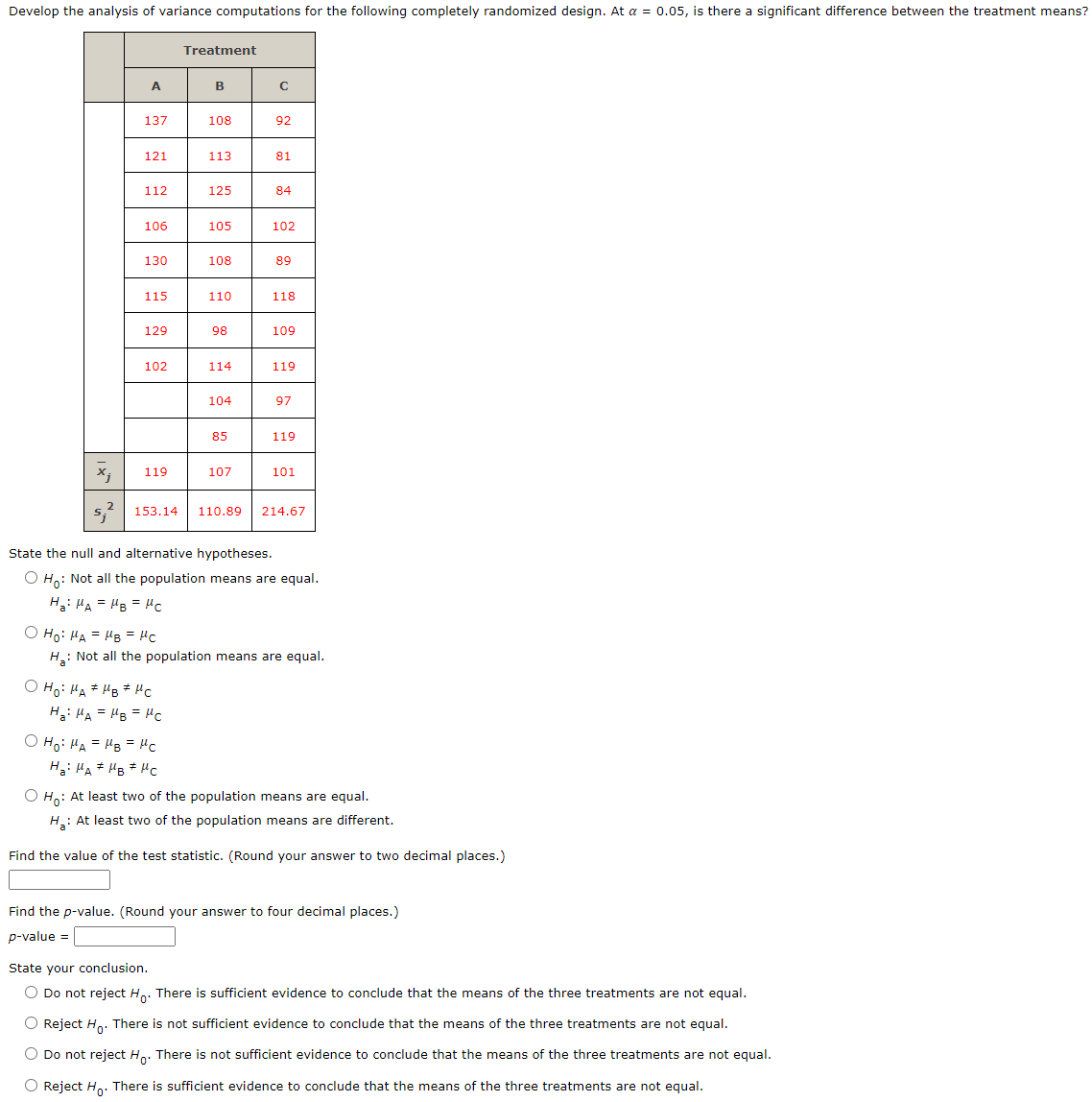 Solved Develop the analysis of variance computations for the | Chegg.com