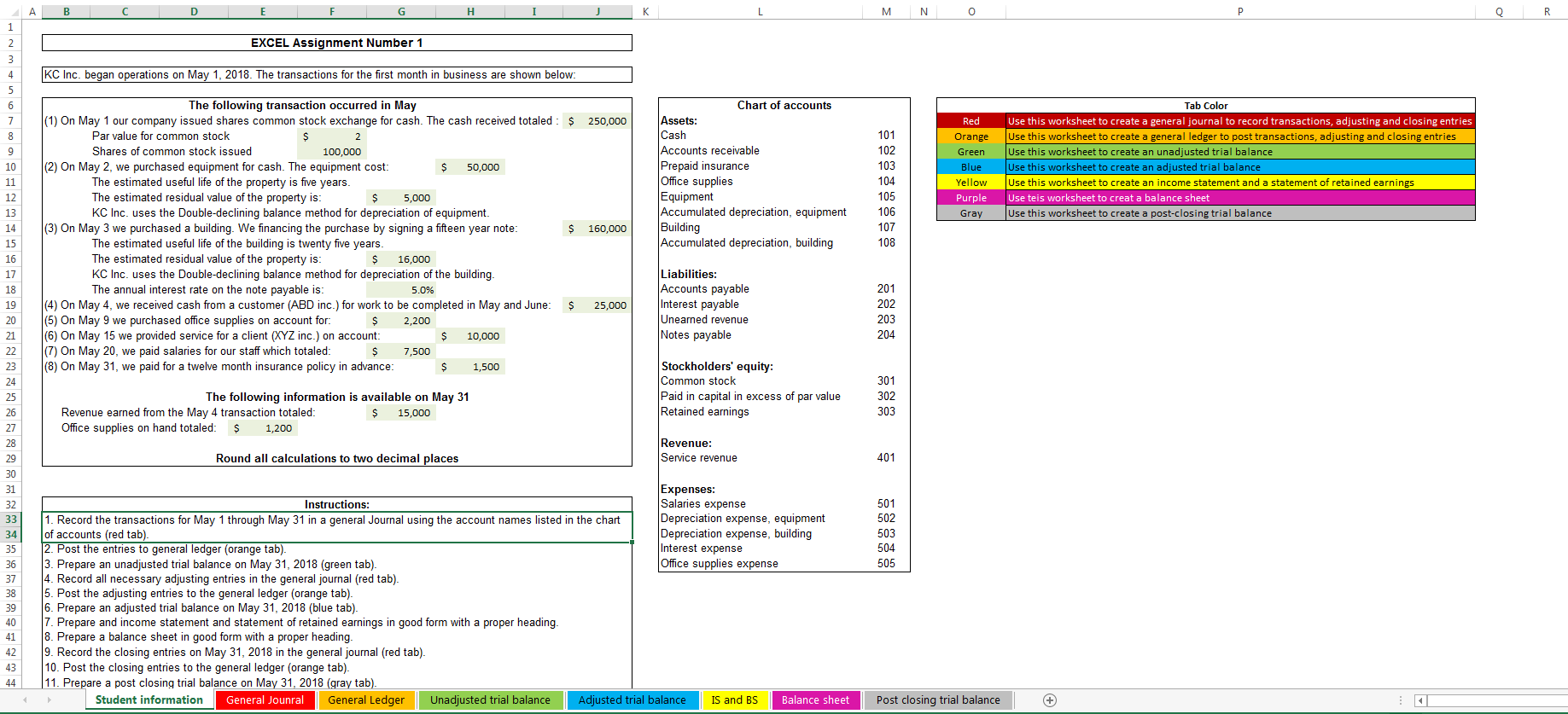 Solved D Н 1. EXCEL Assignment Number 1 KC Inc. began | Chegg.com