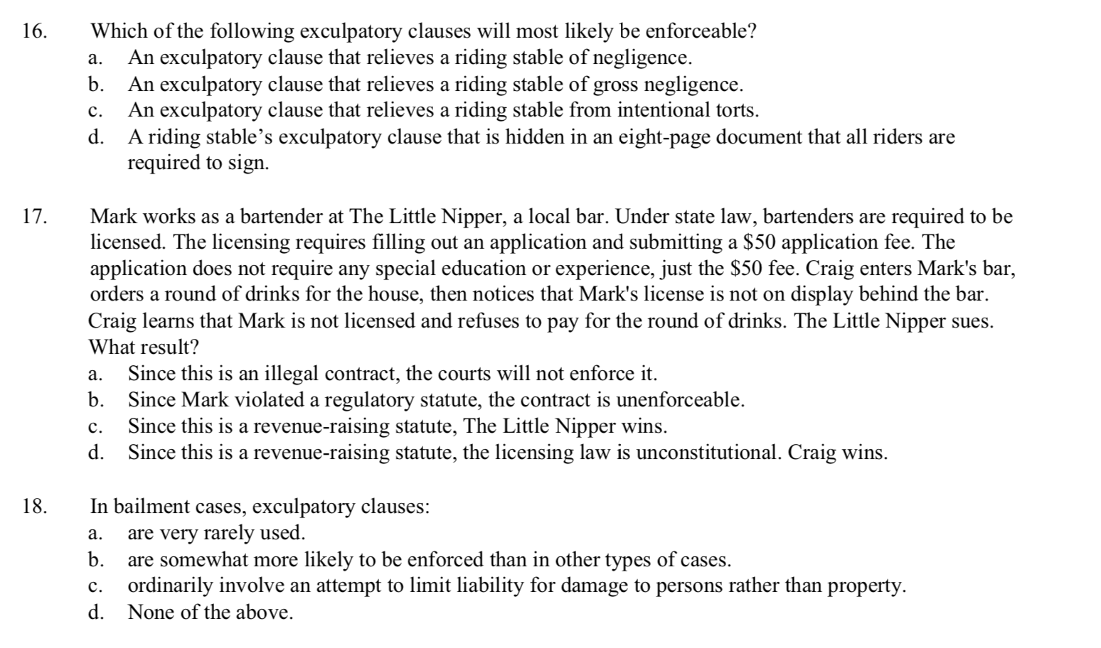 Solved 16. a. Which of the following exculpatory clauses | Chegg.com