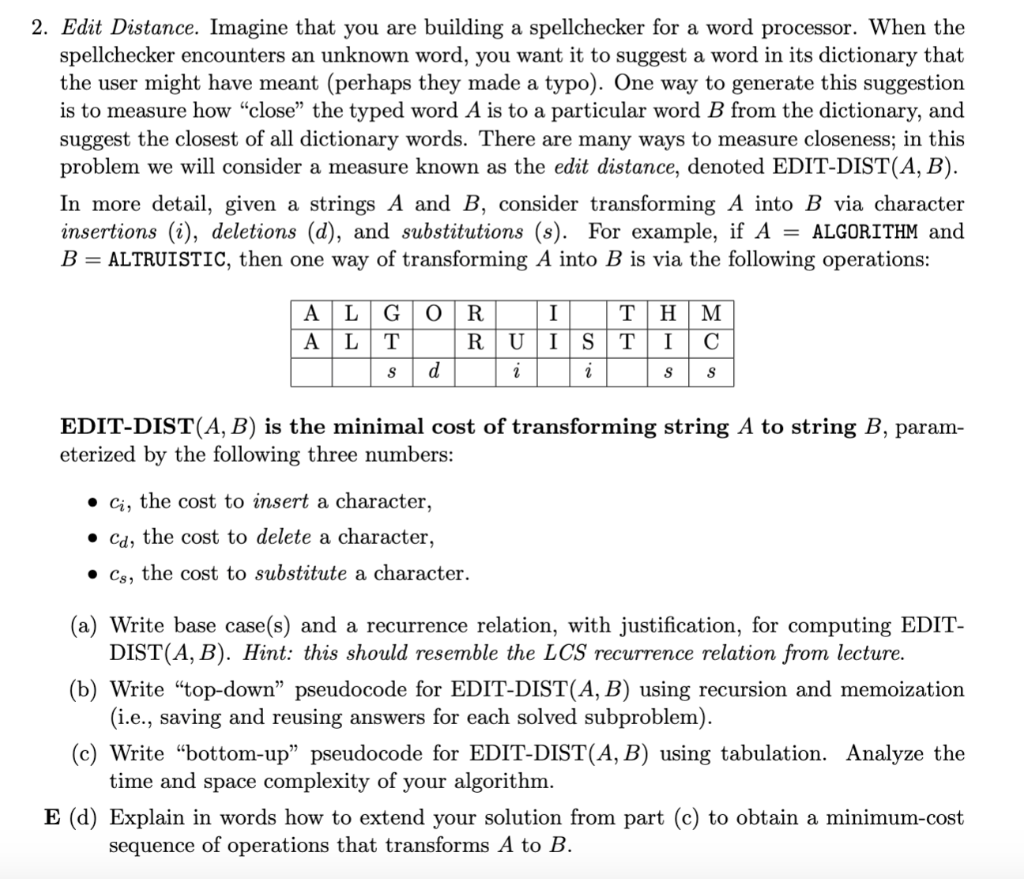 2. Edit Distance. Imagine that you are building a | Chegg.com