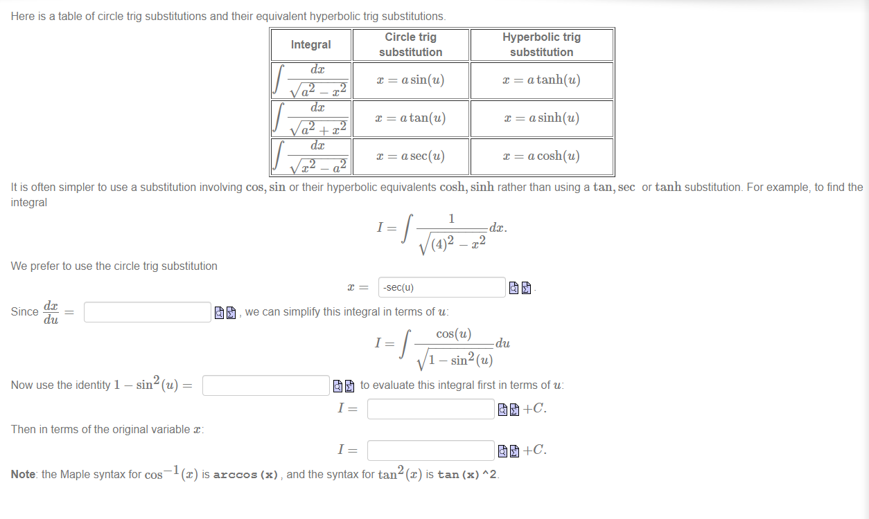 Solved Here Is A Table Of Circle Trig Substitutions And Chegg