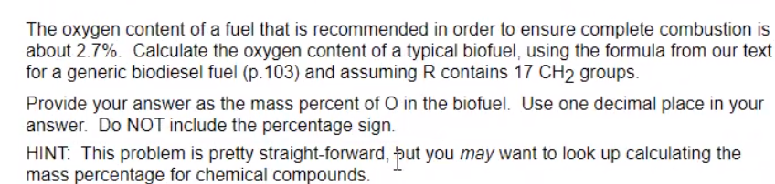 Solved The oxygen content of a fuel that is recommended in | Chegg.com