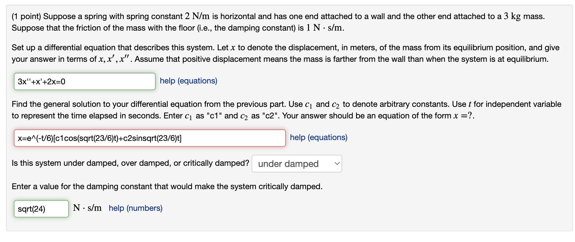 Solved 1 Point Suppose A Spring With Spring Constant 2 N M