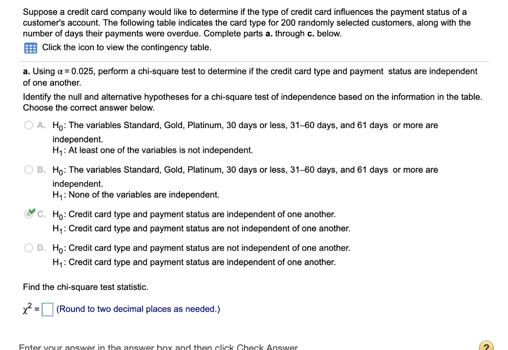 Solved i Contingency table Card Type Gold Standard Platinum | Chegg.com