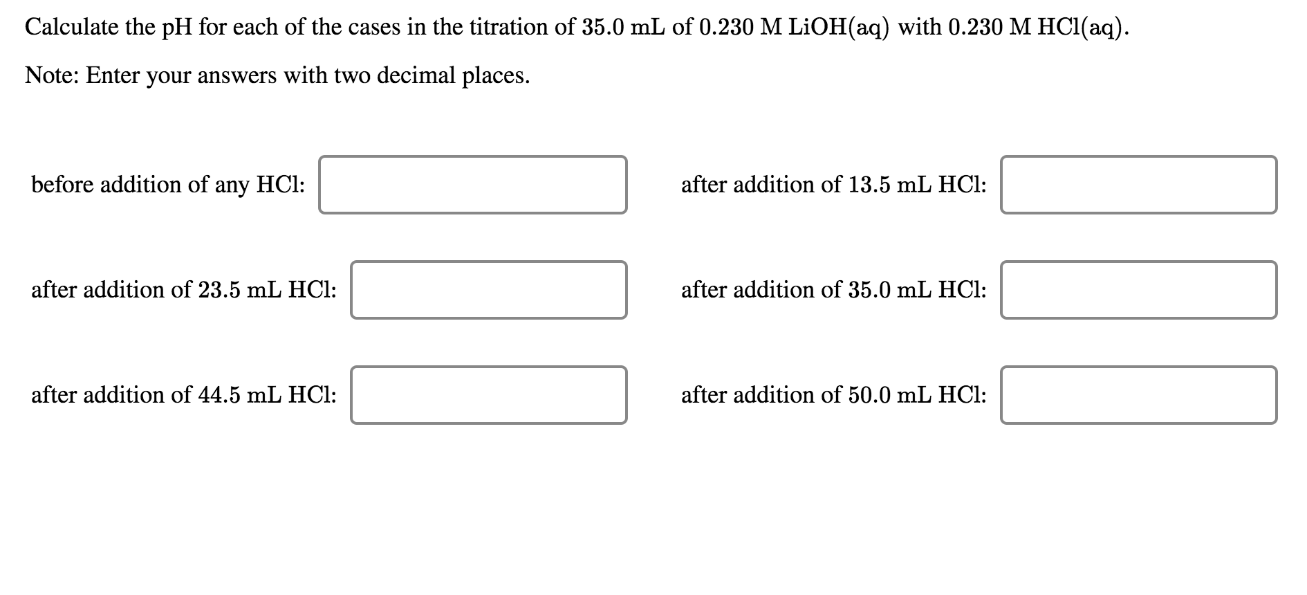 Solved Calculate the pH for each of the cases in the | Chegg.com