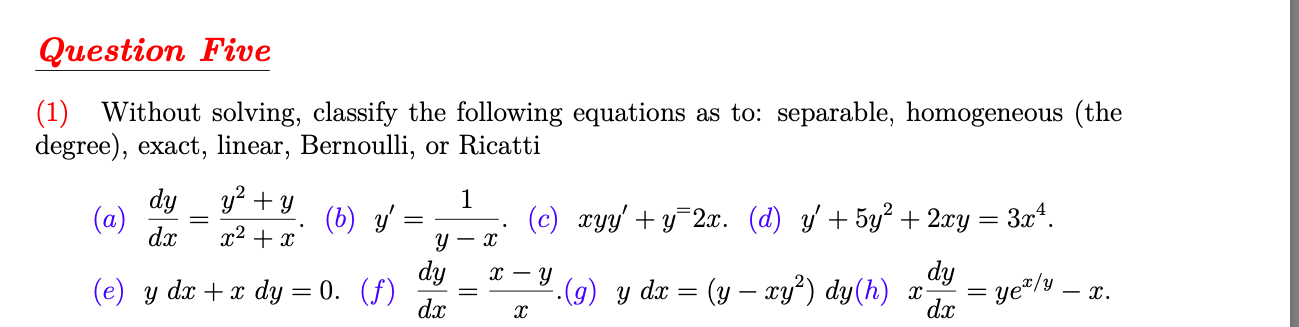Solved Question Five (1) Without solving, classify the | Chegg.com